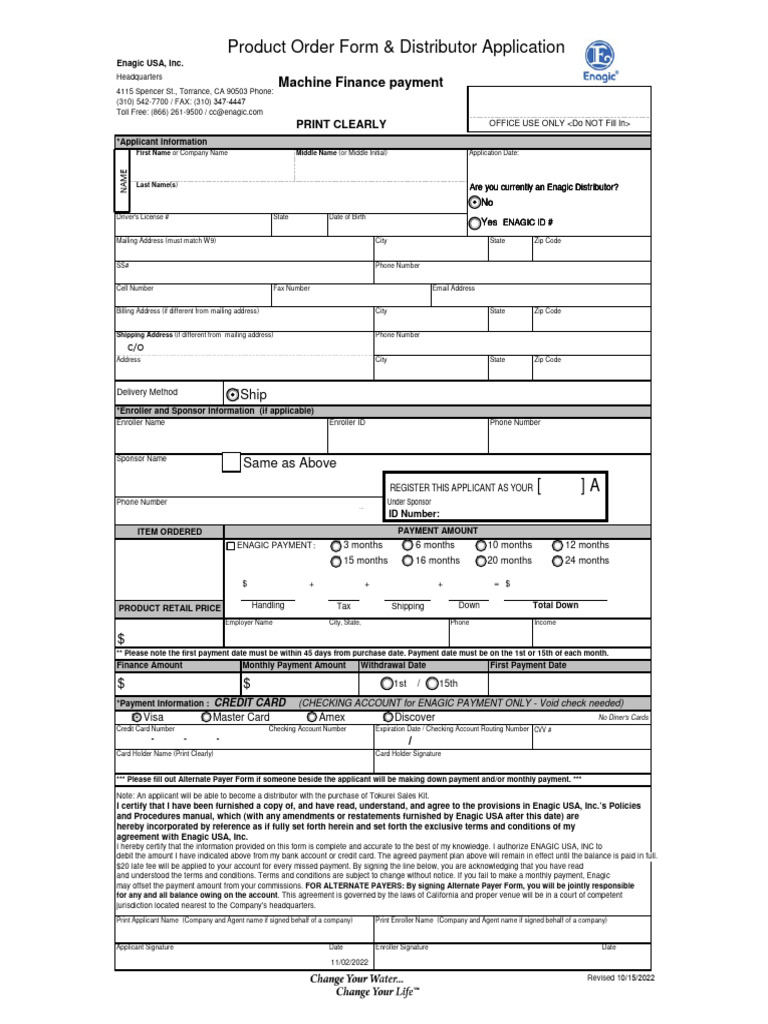 1 USA Product Order Form & DISTRIBUTOR APPLICATION | PDF | Credit Card | Payments