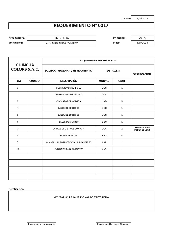 Formato de Requerimientos | PDF | Equipo de oficina | Industria textil