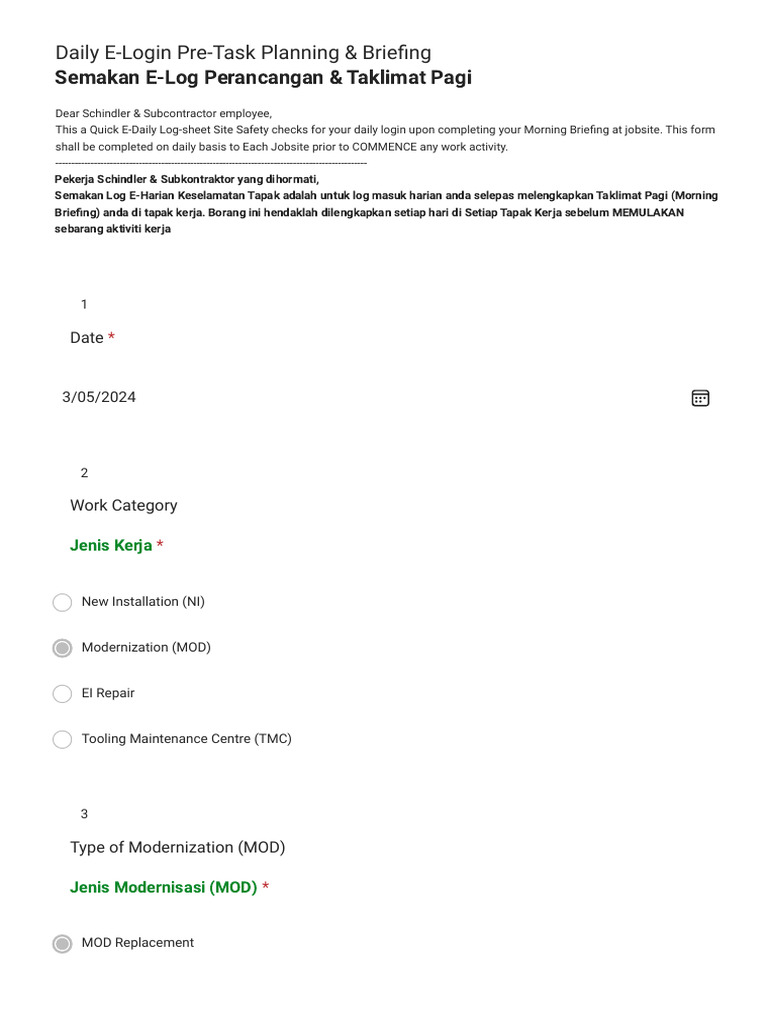 Daily E-Login Pre-Task Planning & Briefing Semakan E-Log Perancangan & Taklimat Pagi (5) | PDF