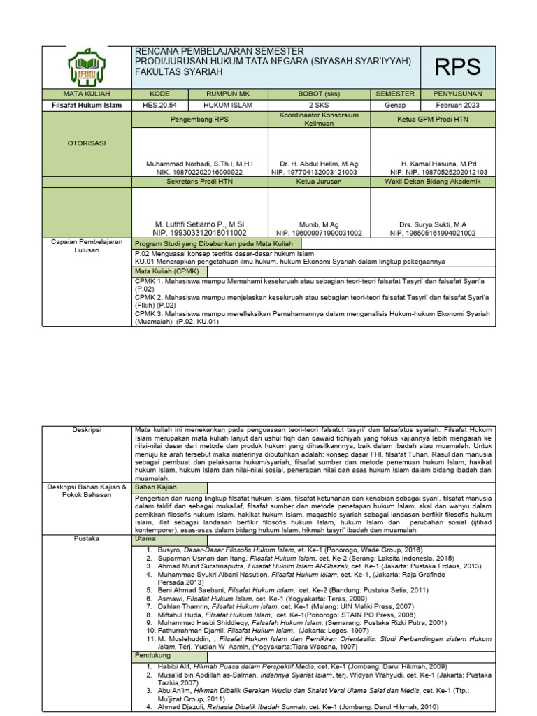 Template RPS - Filsafat Hukum Islam-HES-1 | PDF