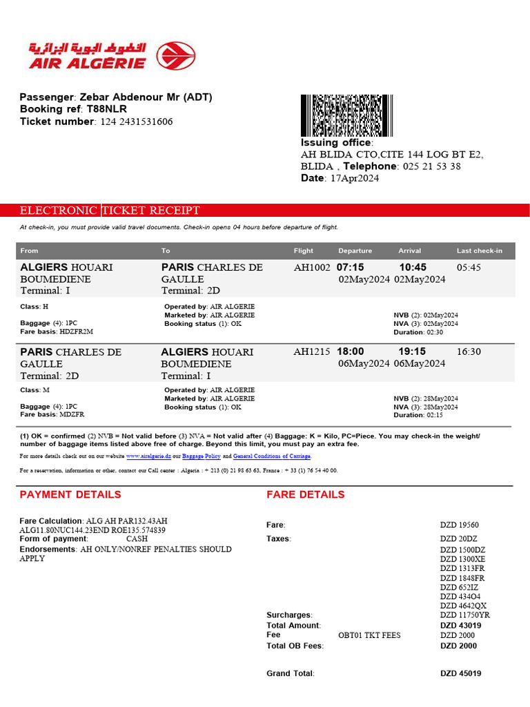 Air Algerie confirmation R T88NLR0 | PDF | Fare | Fee