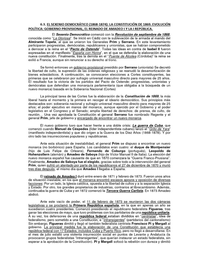 Tema 6.3 - El Sexenio Democrático. | PDF | Gobierno de españa | Política de españa