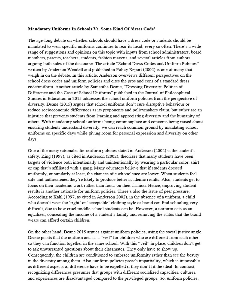 Mandatory Uniforms in Schools vs. Some Kind of Dress Code' | PDF ...