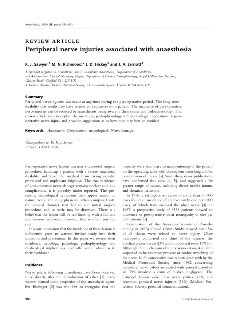 Peripheral Nerve Injuries Associated With Anaesthesia | PDF | Nerve | Axon