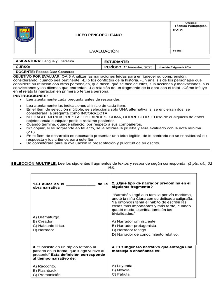 Prueba Ge Nero Narrativo Con Respuesta | PDF | Narración | Narrativa