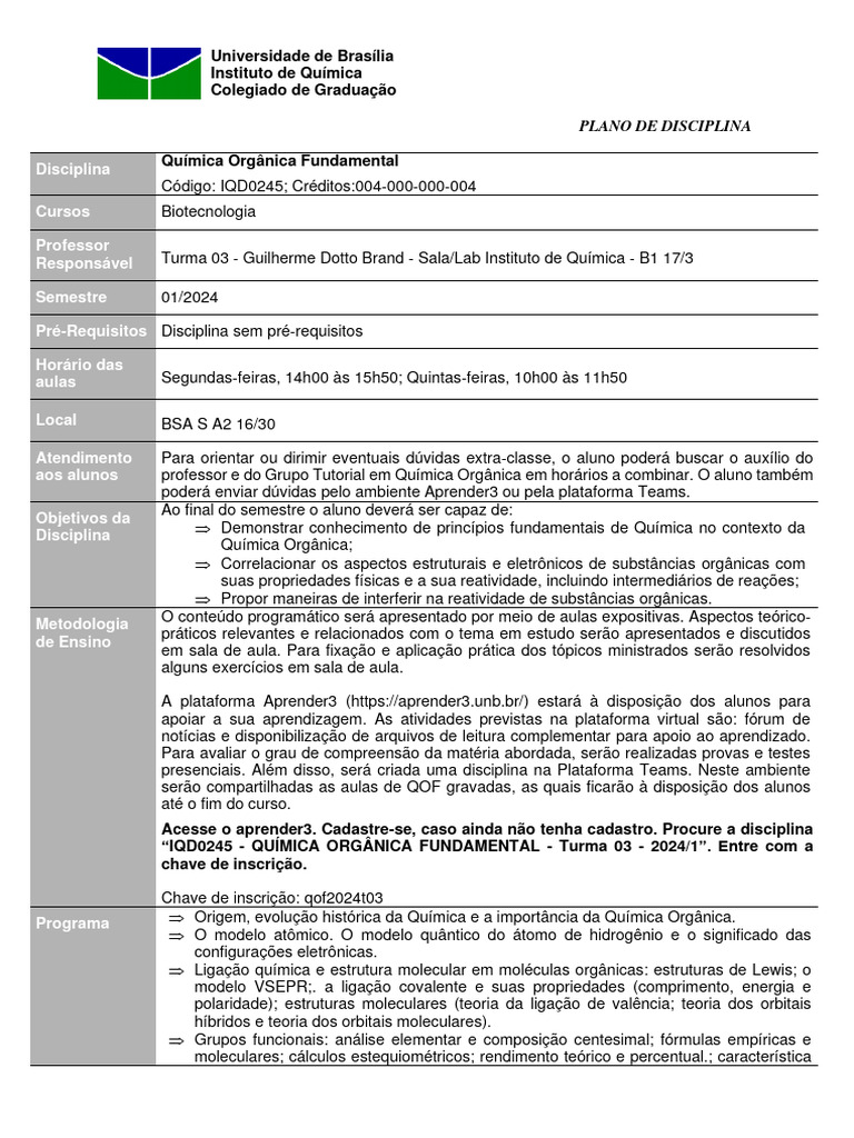 PlanoDisciplina QOF 1 2024 | PDF | Moléculas | Química