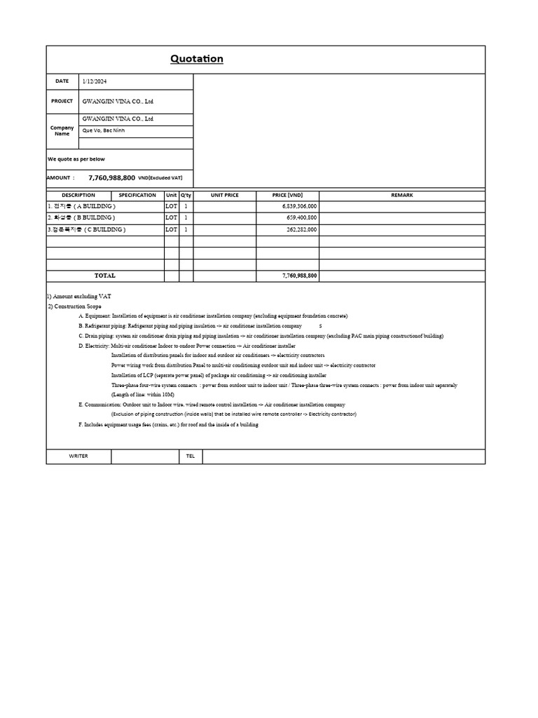 Quotation for Air cond - 240108 - eng version (giá gốc) | PDF | Pipe (Fluid Conveyance) | Air ...