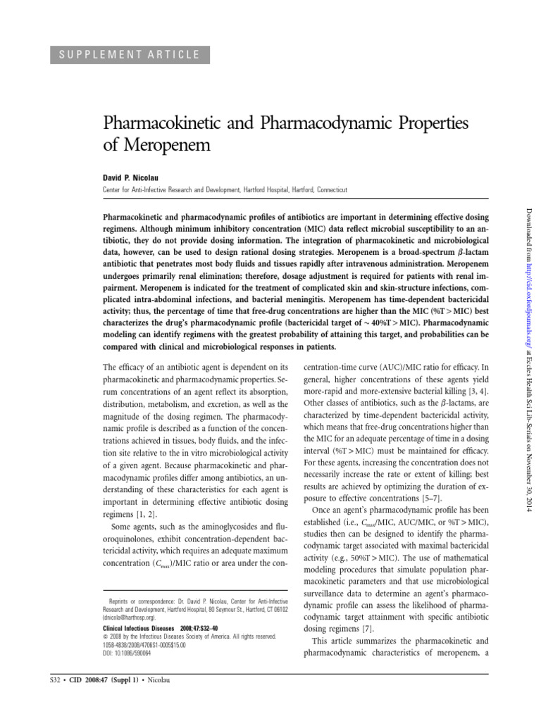 Pharmacokinetics and Pharmacodynamic Meropenem David p .Nicolao | PDF ...