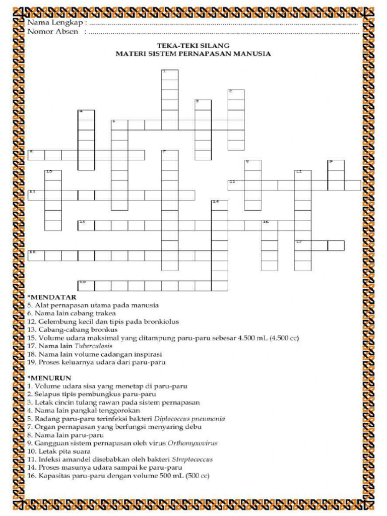 Teka Teki Silang Sistem Pernapasan Manusia | PDF