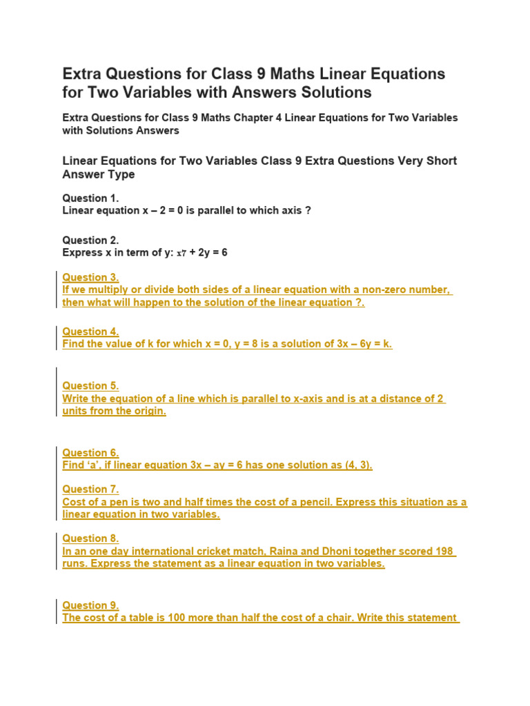 Extra Questions for Class 9 Maths Linear Equations for Two Variables with Answers Solutions ...