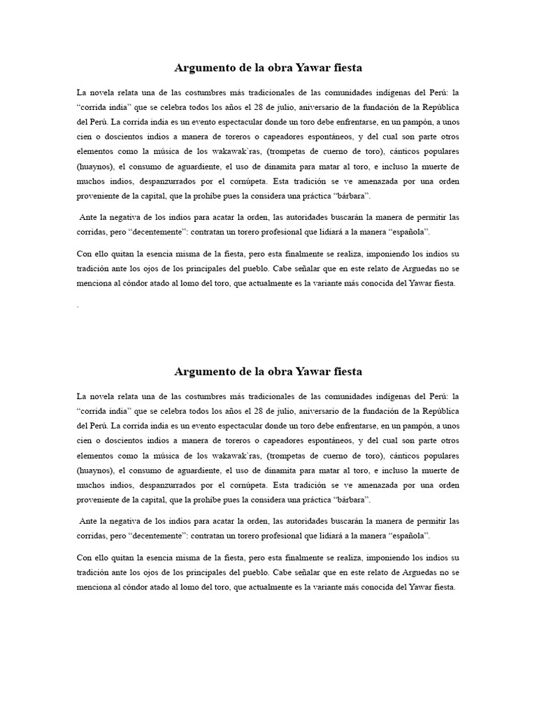 Tradición y Conflicto en Yawar Fiesta | PDF