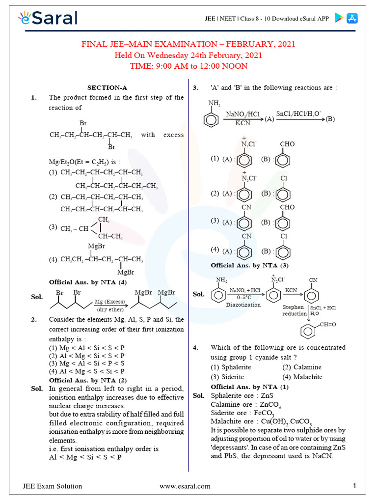 2402 Chemistry Paper With Ans Solution Morning | PDF | Chlorine | Chemistry