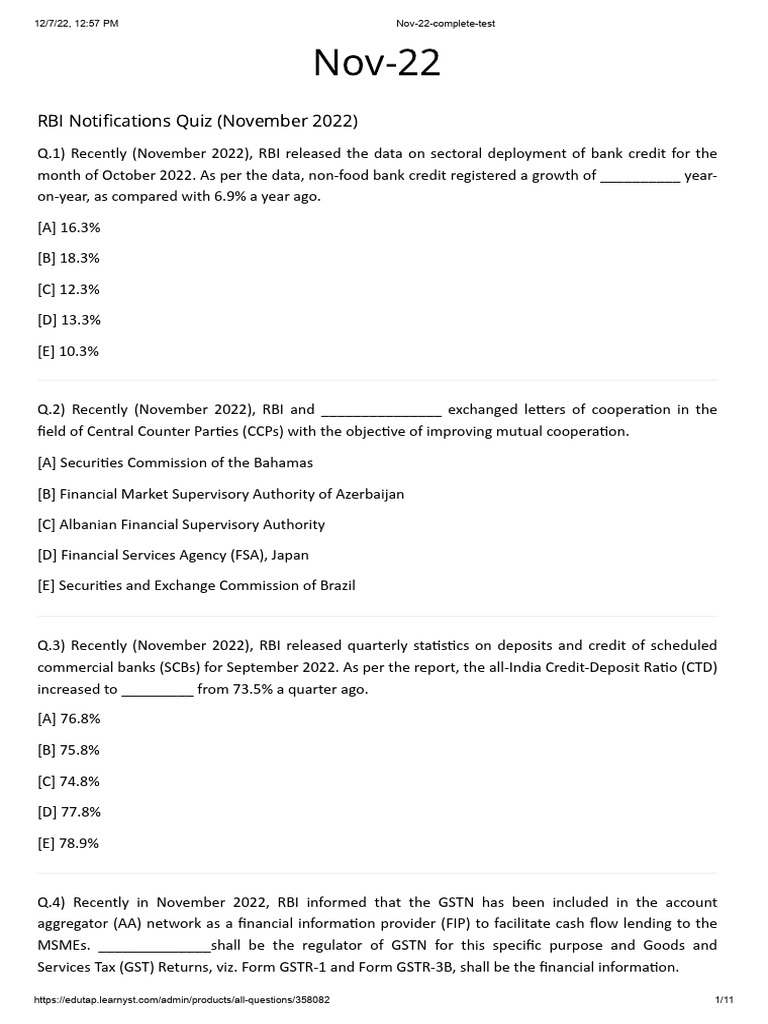 RBI Notifications Quiz - November 2022 | PDF | Reserve Bank Of India ...