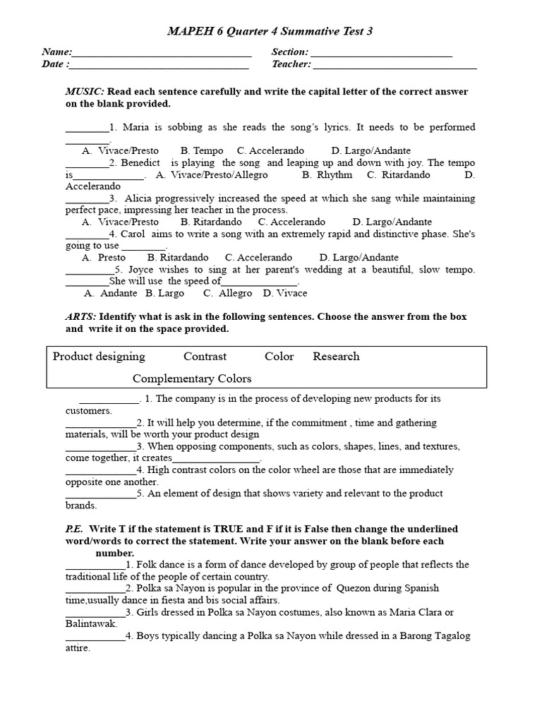 Summative-Test-3_MAPEH_Q4 | PDF | Tempo | Health Care