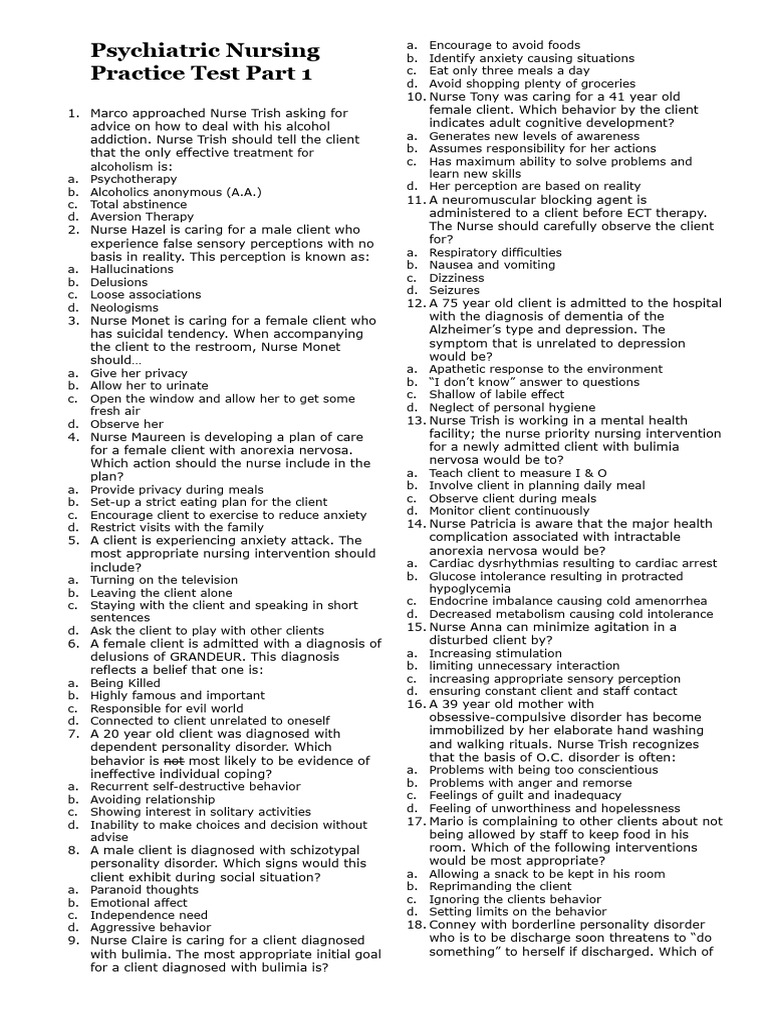 Practice Test Psychiatric Nursing 150 Items | PDF | Mental Disorder ...