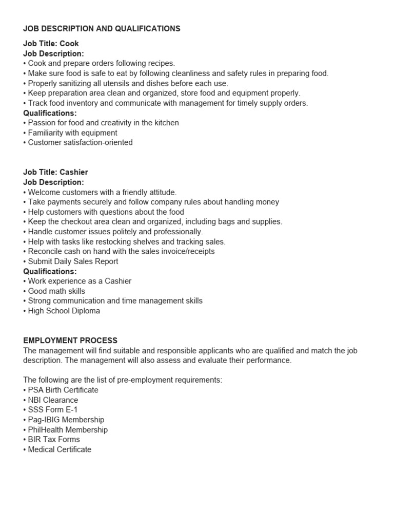 Cook and Cashier Job Descriptions | PDF | Résumé | Business