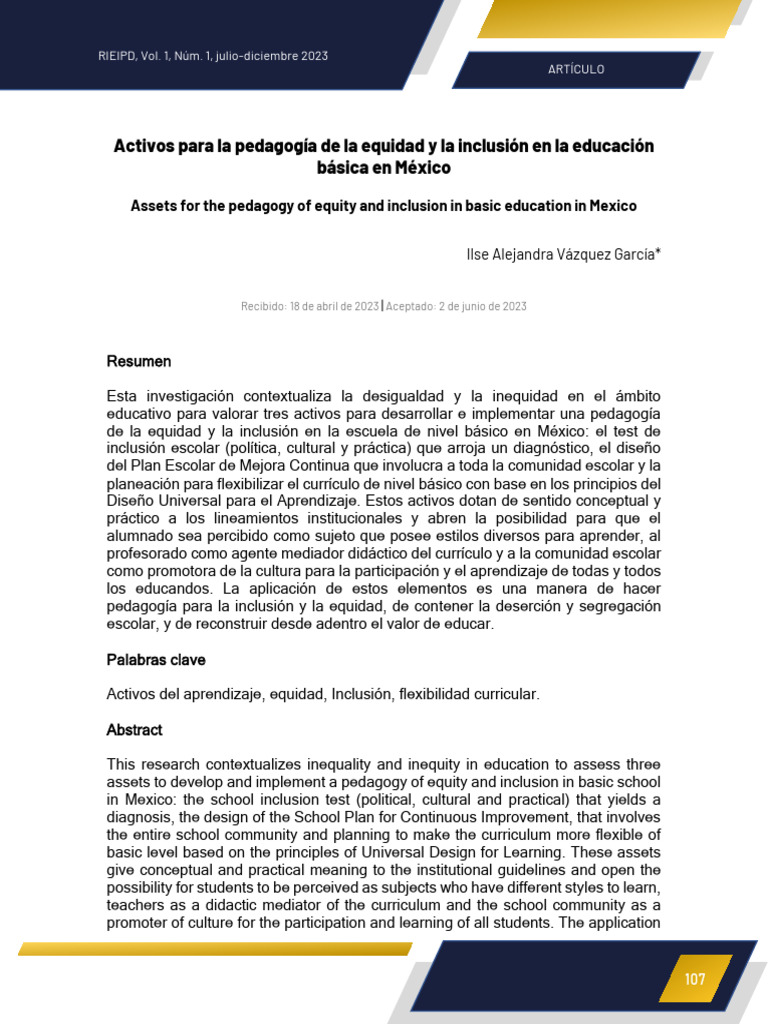 Activos para La Pedagogía de La Equidad y La Inclusión en La Educación Básica en México ...
