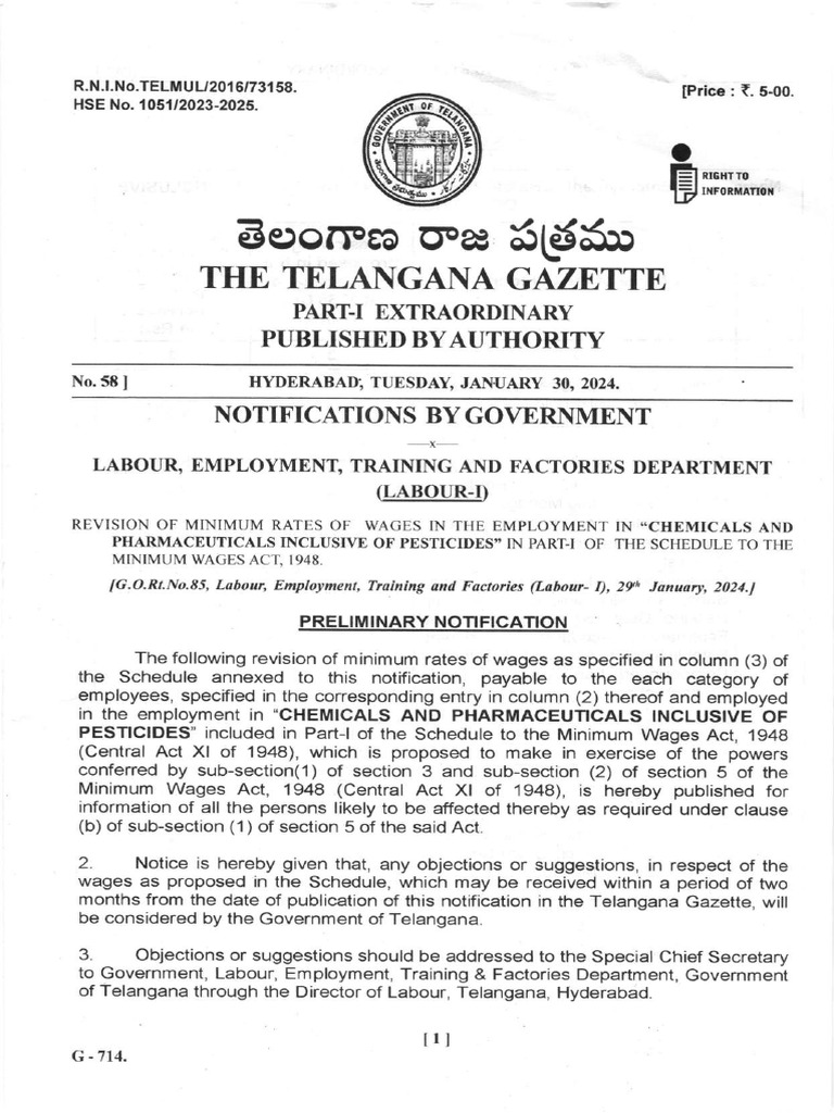 Telangana Minimum Wages 2024-25 Notification | PDF | Cost Of Living ...