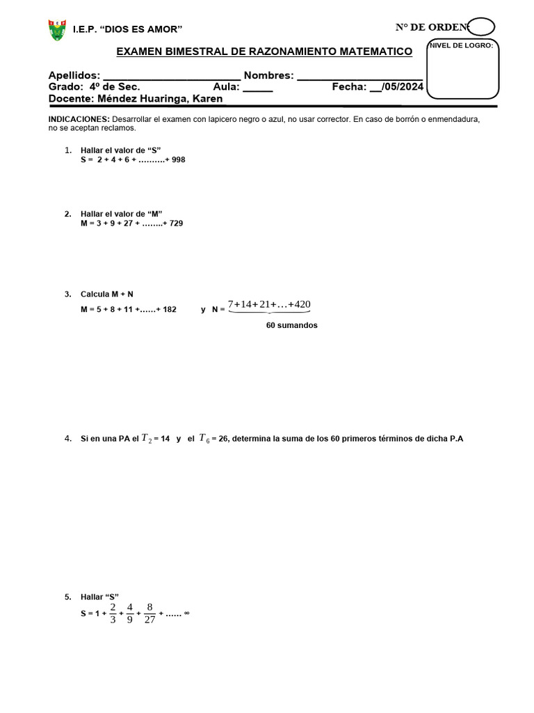 Ex. Bimestral RM 4to Secundaria | PDF