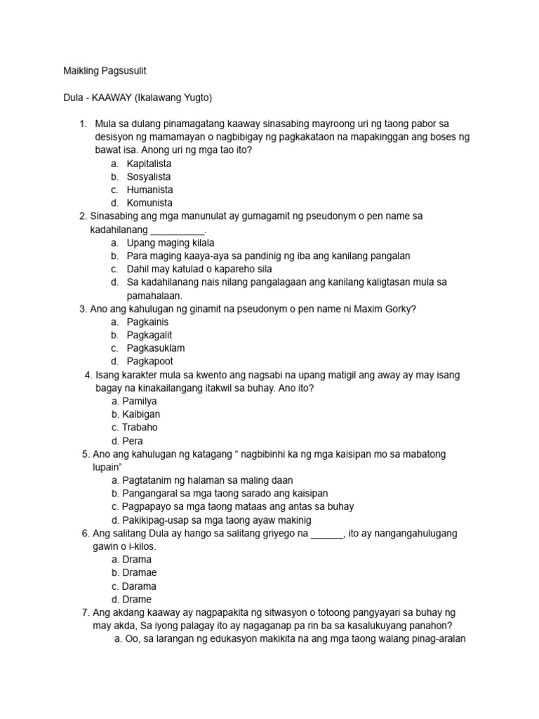 Maikling Pagsusulit A1 at A2 | PDF