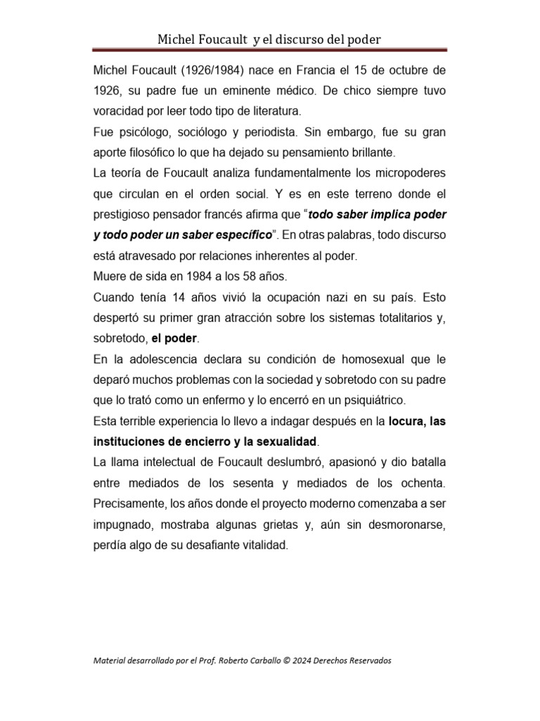 2024 Foucault y El Poder | PDF | Michel Foucault | Discurso