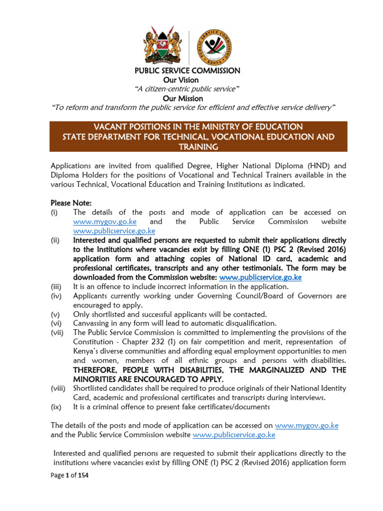 Vacant Positions in The Ministry of Educaton State Department For TVET ...