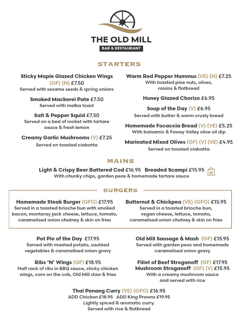 Co Old Mill Autumn Menu A5 Additional V 3 | PDF | Hamburgers | French Fries