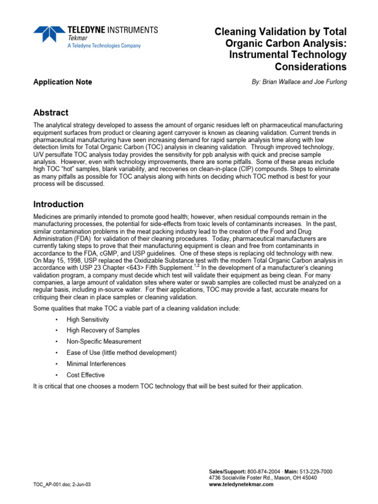 Cleaning Validation Bay TOC | PDF | Total Organic Carbon | Chemistry