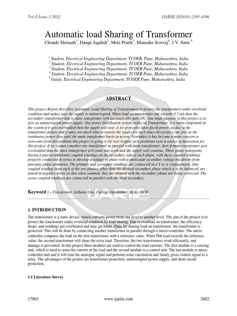 AUTOMATIC LOAD SHARING OF TRANSFORMER USING ARDUINO UNO Ijariie17063 | PDF | Electric Power ...