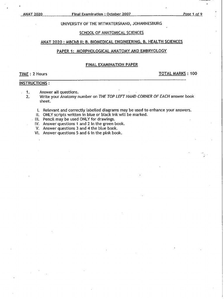 Anat 2020 Final Exam 10.2007 | PDF