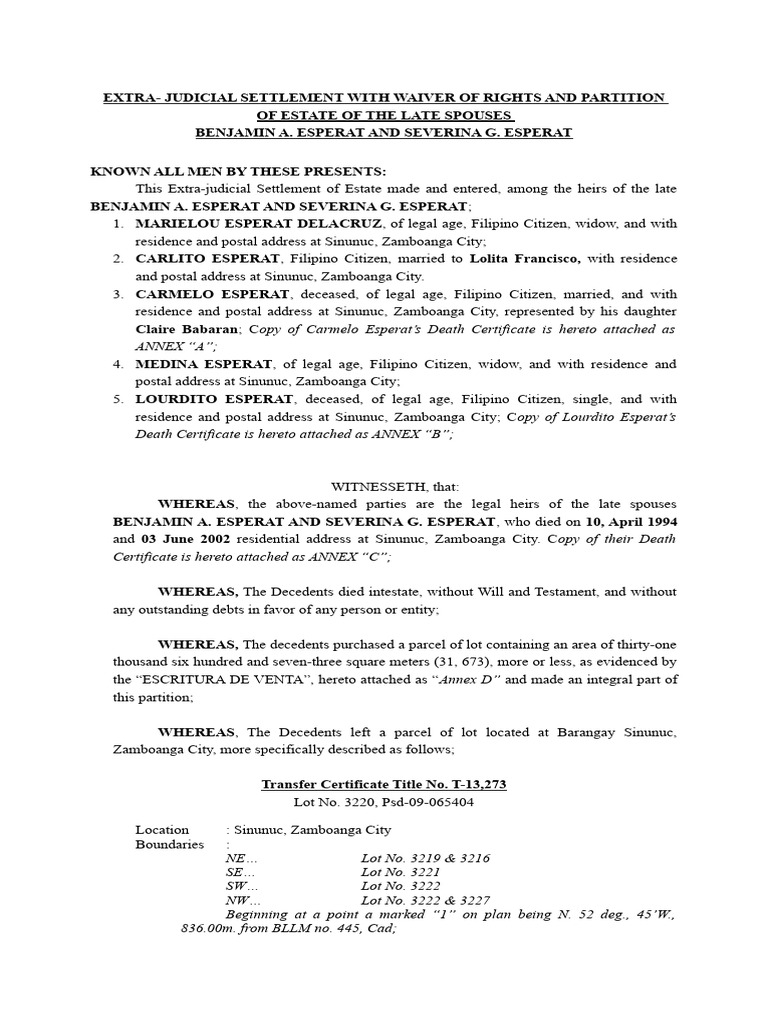 Extrajudicial Settlement With Partition Agreement | PDF | Civil Law ...