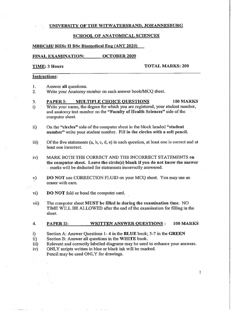 Anat 2020 Final Exam 10.2009 | PDF