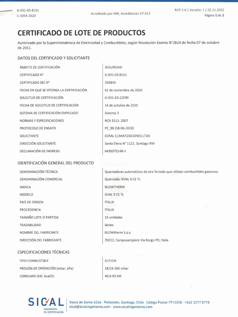 Certificado Lote Gval 9 Ce Tl Blowtherm 02 Noviembre 2020 Pdf