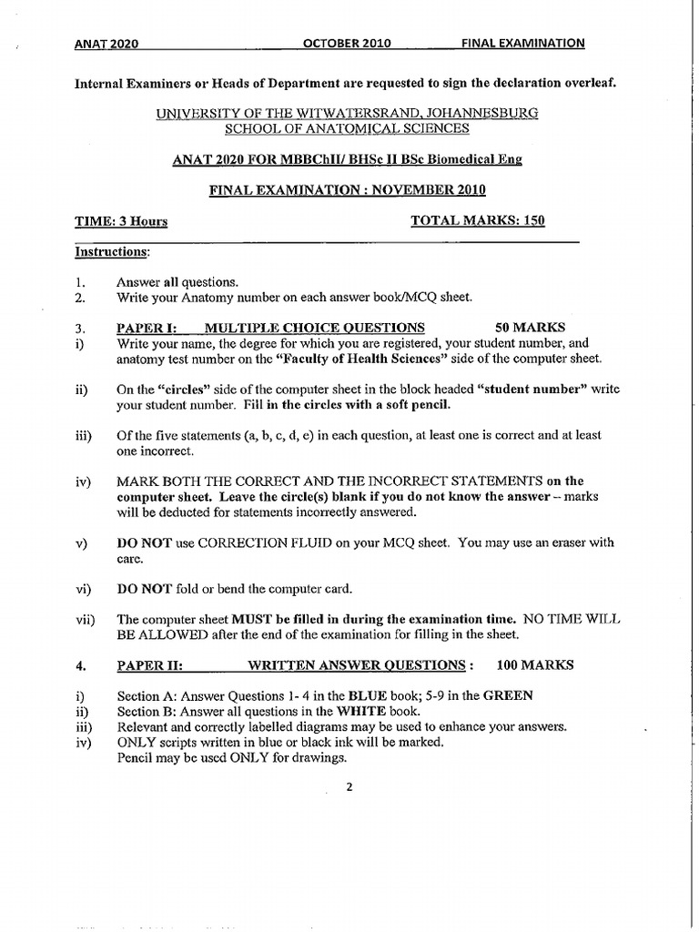 ANAT2020 Final Exam 2010 | PDF