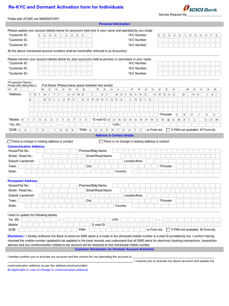 Re-KYC and Dormant Account Activation Form | PDF