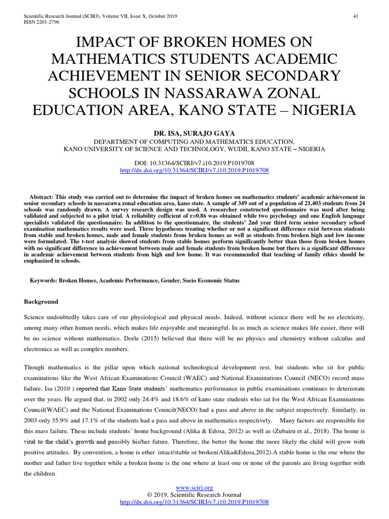 Impact of Broken Homes On Mathematics ST | PDF | Survey Methodology | Sampling (Statistics)