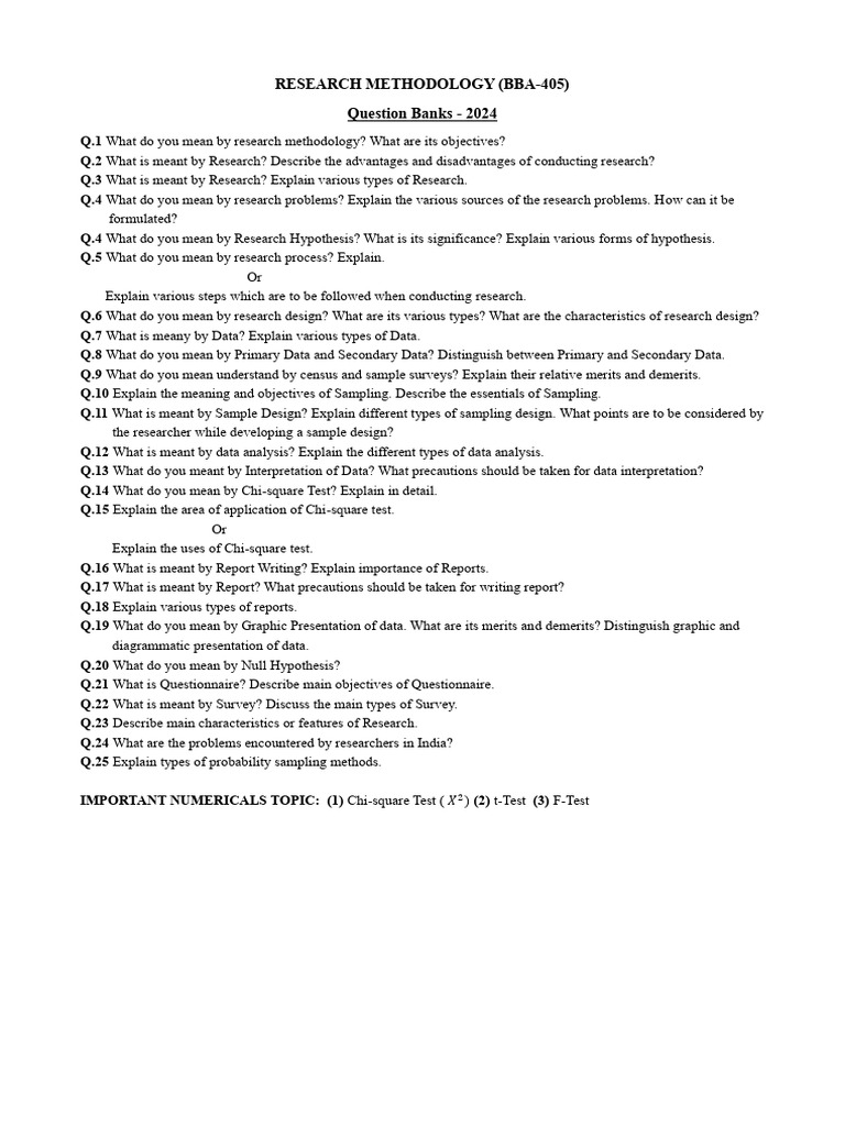 Research Methodology - Question Bank | PDF | Methodology | Chi Squared Test