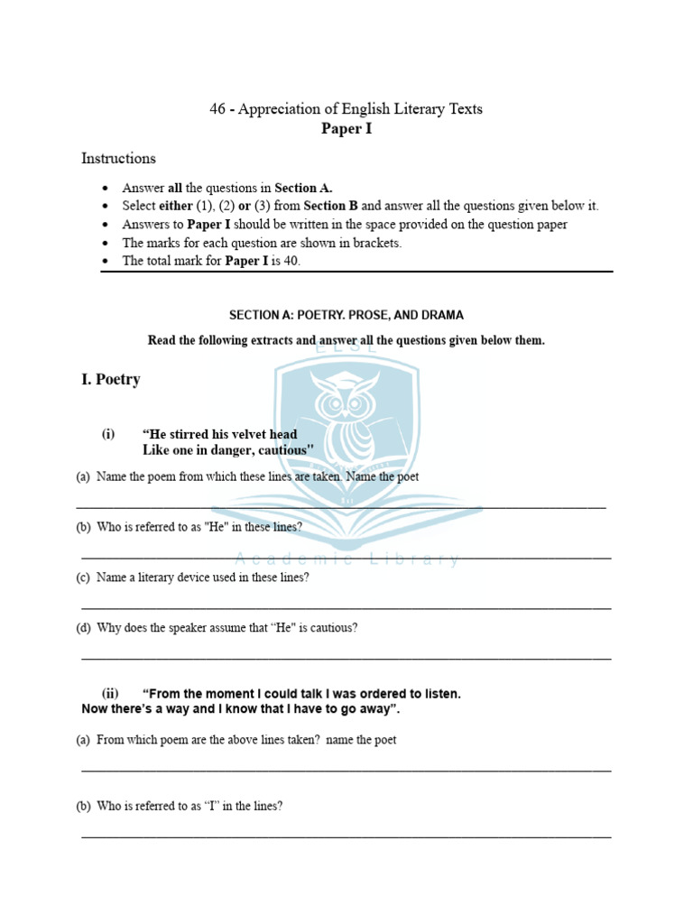 Appreciation of English Literary Texts Paper I 2021 | PDF | Poetry