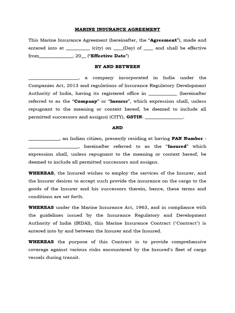Marine Insurance Agreement Overview | PDF | Indemnity | Private Law
