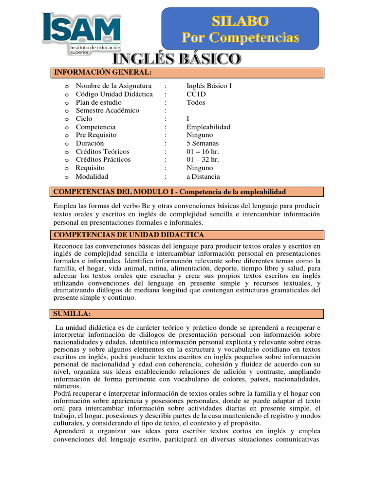 Silabo Ingles Basico I | PDF | Aprendizaje | Evaluación