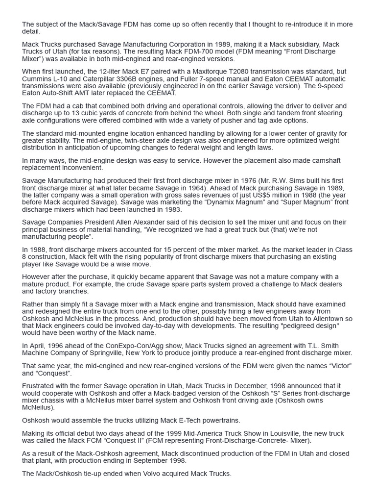 Mack/Savage FDM Mixer History | PDF | Truck | Motor Vehicle