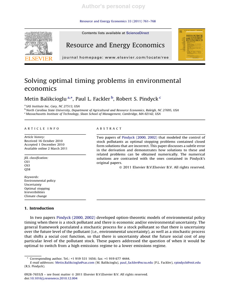 Resource and Energy Economics: Solving Optimal Timing Problems in ...