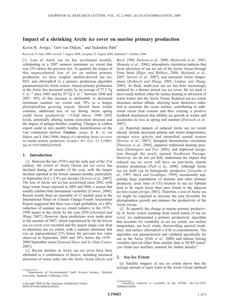 Arrigo Et Al-2008-Geophysical Research Letters | PDF | Arctic Ocean | Sea