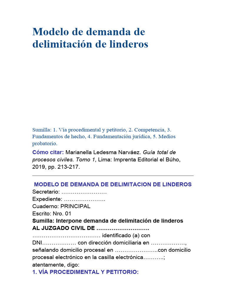Modelo de Demanda de Delimitación de Linderos | PDF | Demanda judicial | Propiedad
