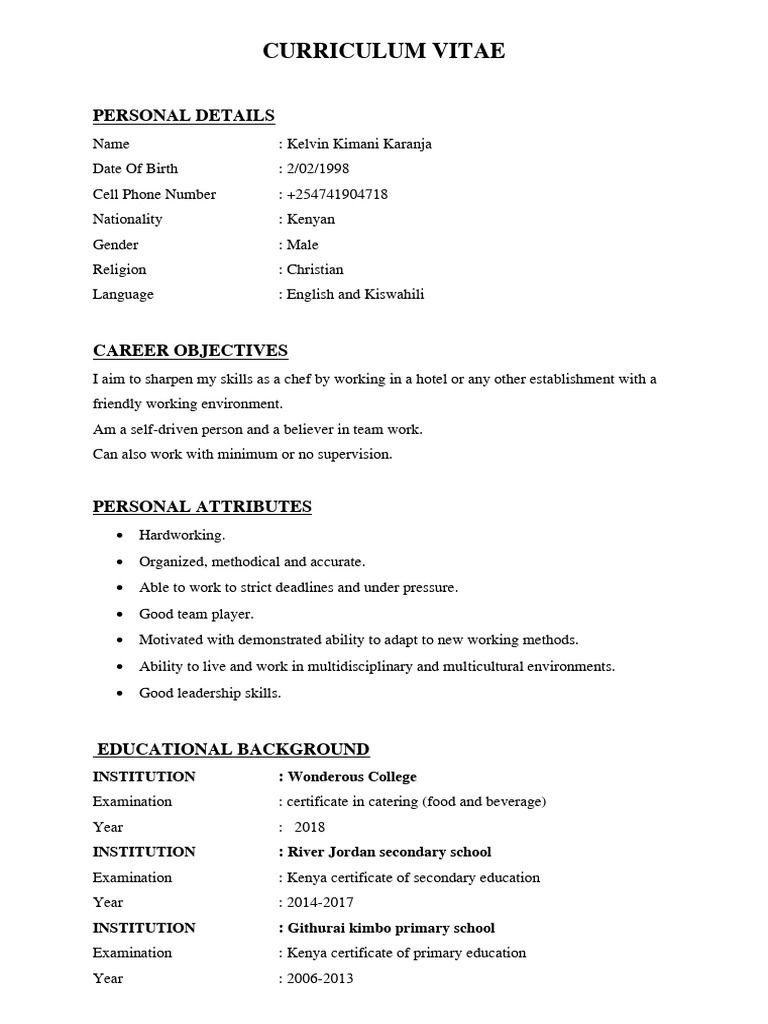 Kelvin Kimani Updated CV | PDF | Chef | Cooking Kelvin Kimani Updated CV | PDF | Chef | Cooking