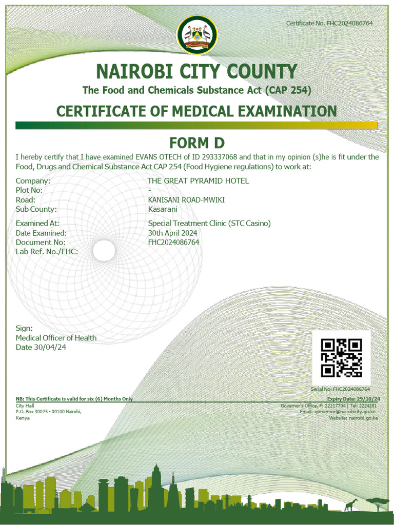 Nairobi City County: Certificate of Medical Examination Form D | PDF
