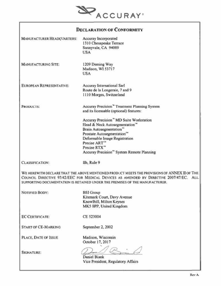 Declaration of Conformity MDD-Precision (17Oct2017) | PDF