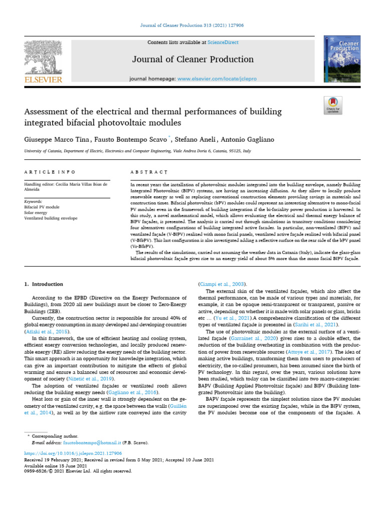 Assessment Of The Electrical And Thermal Performances Of Building Integrated Bifacial