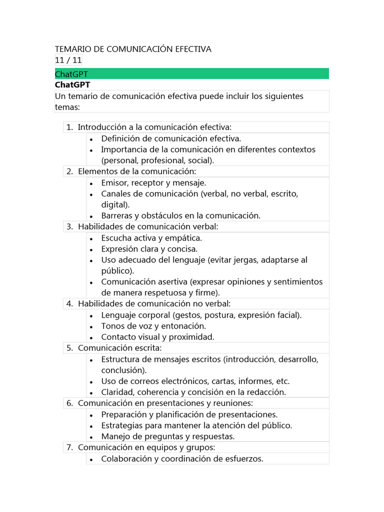 Temario de Comunicación Efectiva | PDF | Comunicación | Comunicación no ...
