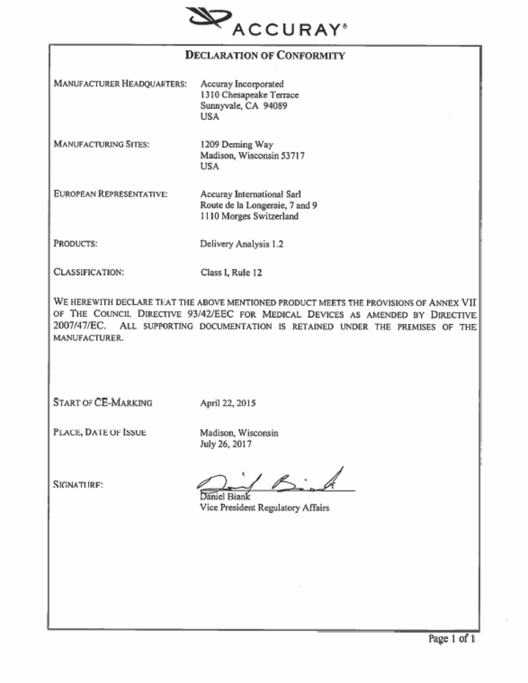 Declaration of Conformity MDD-Delivery Analysis 1.2 (26july2017) | PDF